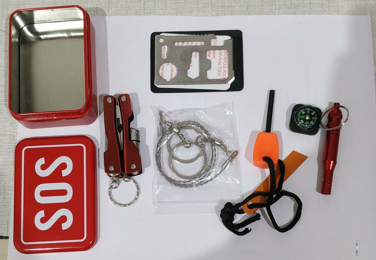 SOS Emergency Kit with Tin Box and Drawstring Bag Includes 6 Tools: 6-